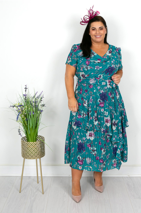 Teal and Purple Floral Cowl Dress