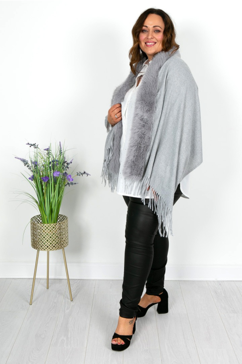 Silver Grey Fur Trimmed Pashmina