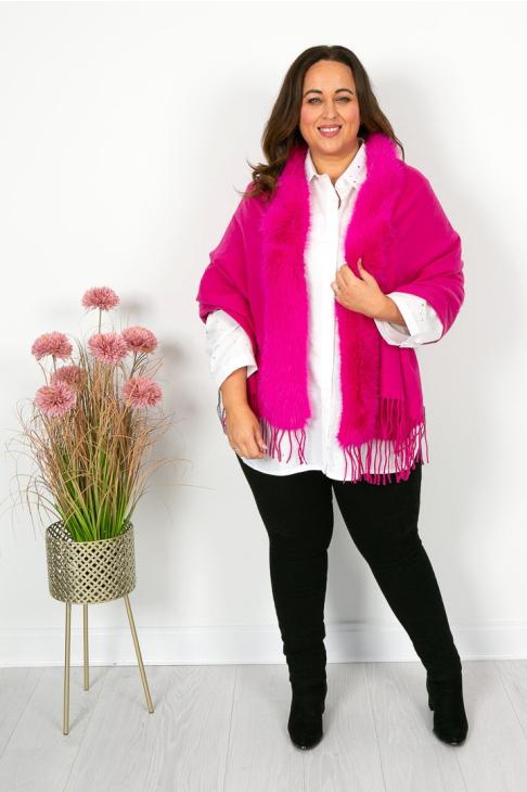 Cerise Pink Faux Fur Trimmed Pashmina