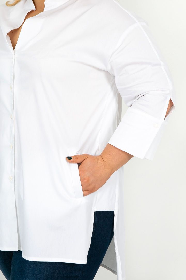 White Long Line Shirt with Front Pockets