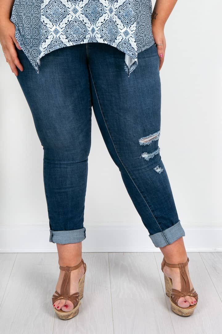 Cuff Hem Jeans with Rips in Deep Wash