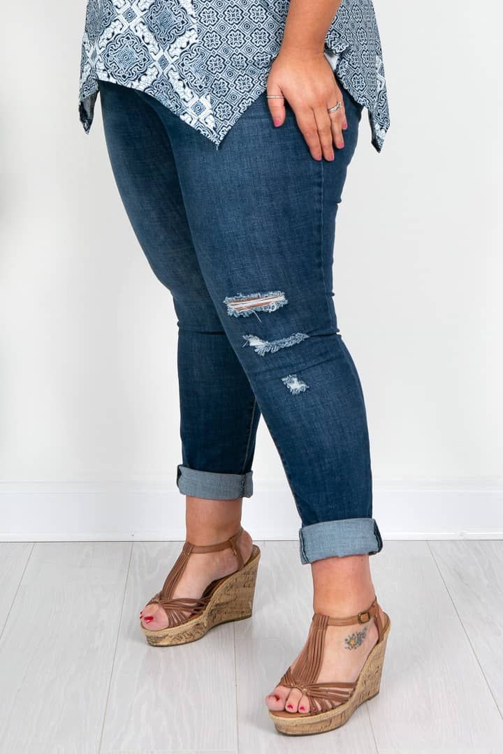 Cuff Hem Jeans with Rips in Deep Wash