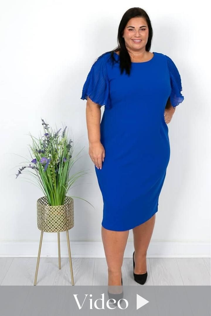 Blue Crepe Dress with Pleated Sleeve Plus Size Clothing